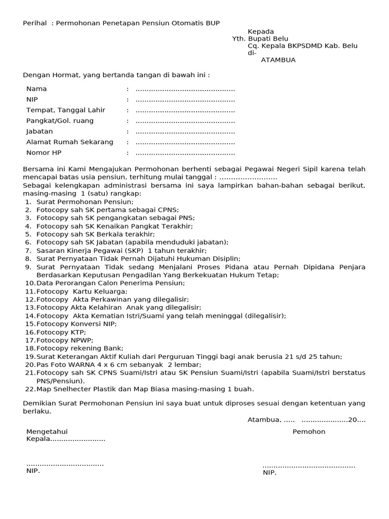 SURAT PERMOHONAN PENSIUN BUP - (Lengkap) | PDF
