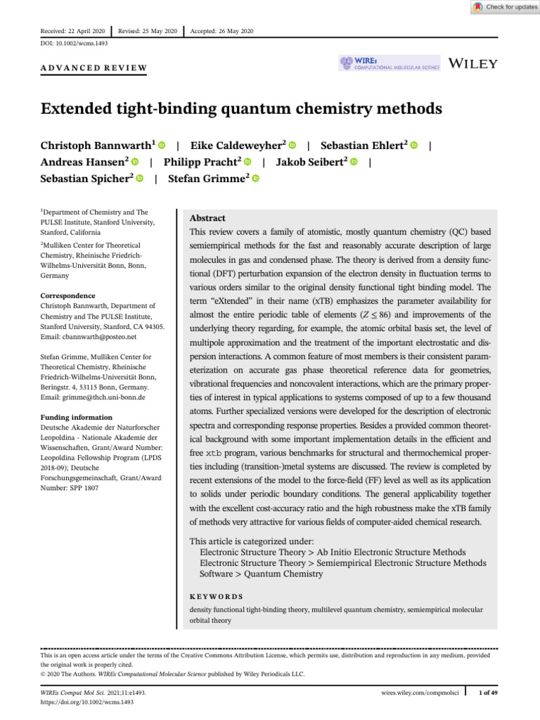 WIREs Comput Mol Sci - 2020 - Bannwarth - Extended Tight Binding Quantum Chemistry Methods | PDF ...