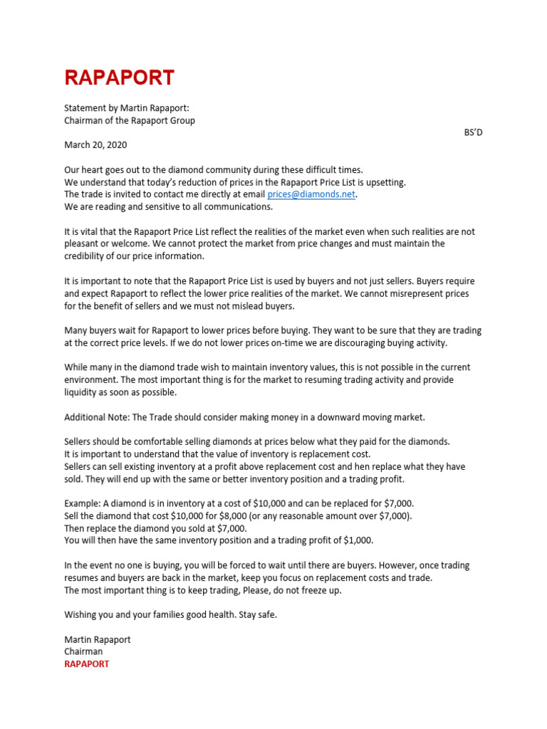 Statement by Martin Rapaport-March-20-2020 | PDF | Prices | Inventory