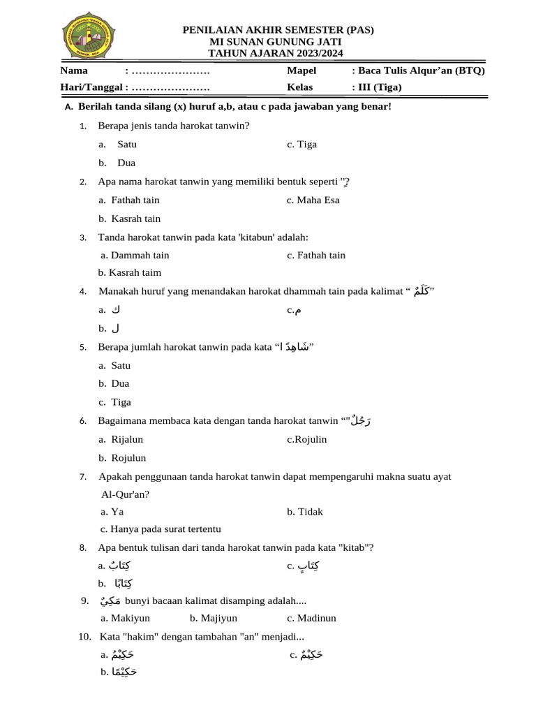 Soal BTQ Kelas 3 | PDF