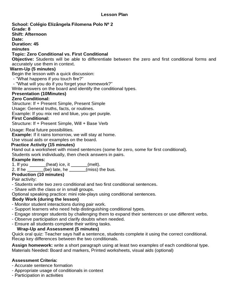 Zero Vs First Conditional Lesson Plan With Body Work | PDF