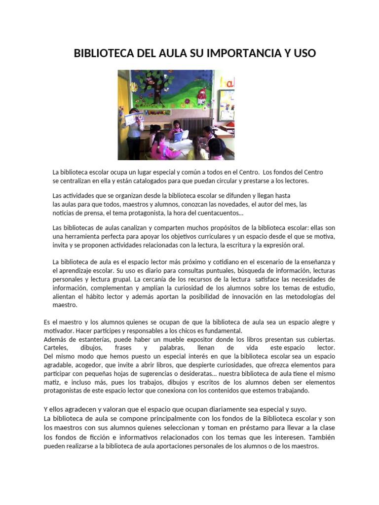Importancia de la Biblioteca de Aula | PDF | Biblioteca escolar | Salón ...