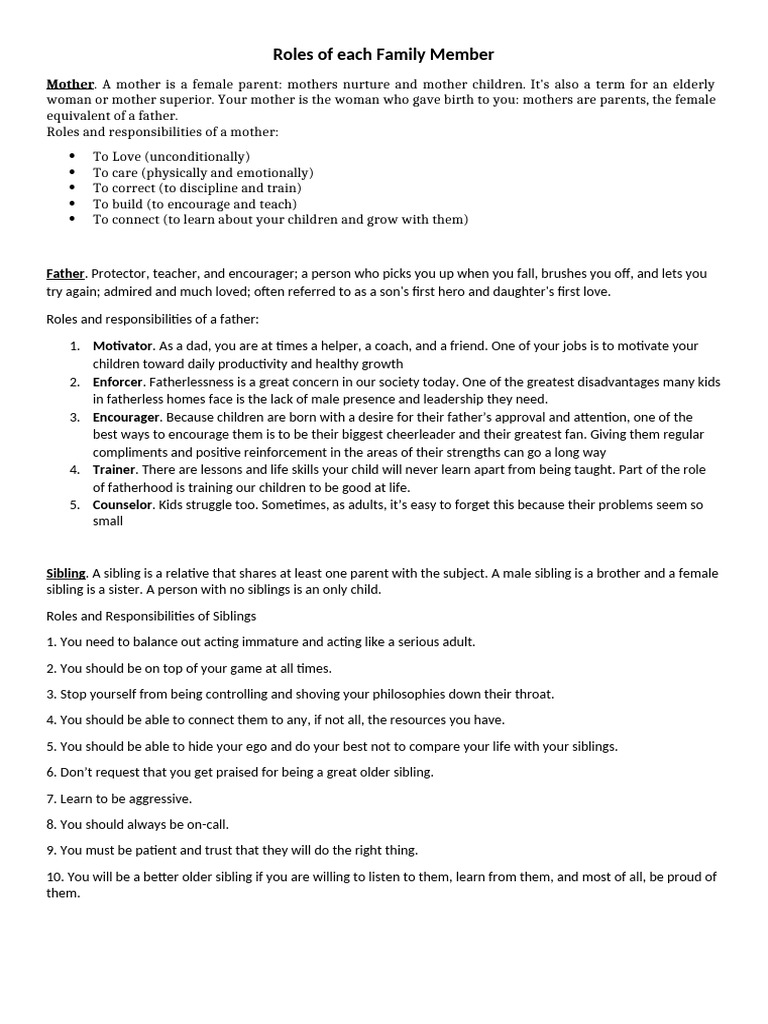 Roles of Each Family Member | PDF | Sibling | Father