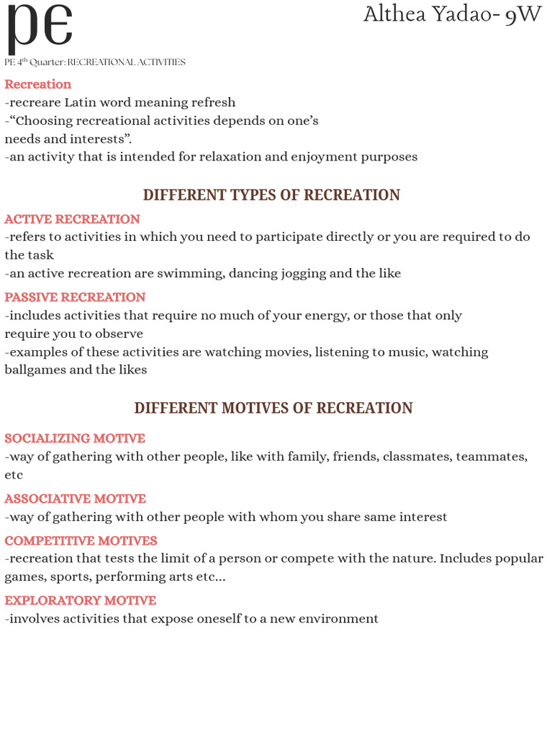 Types and Benefits of Recreation Activities | PDF | Recreation ...