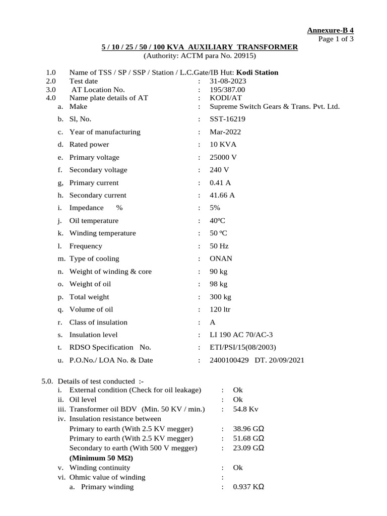 B4. Annexure-B 04 Auxiliary Transformers-KODI STN | PDF | Transformer ...