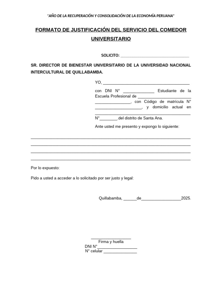Formato de Justificación Del Servicio Del Comedor Universitario | PDF