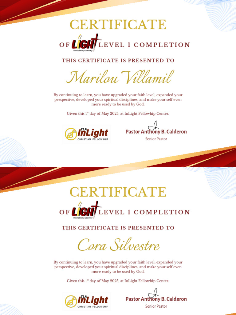 LIGHT Journey LVL 1 Certificate | PDF | Church Organization | Ecclesiastical Titles