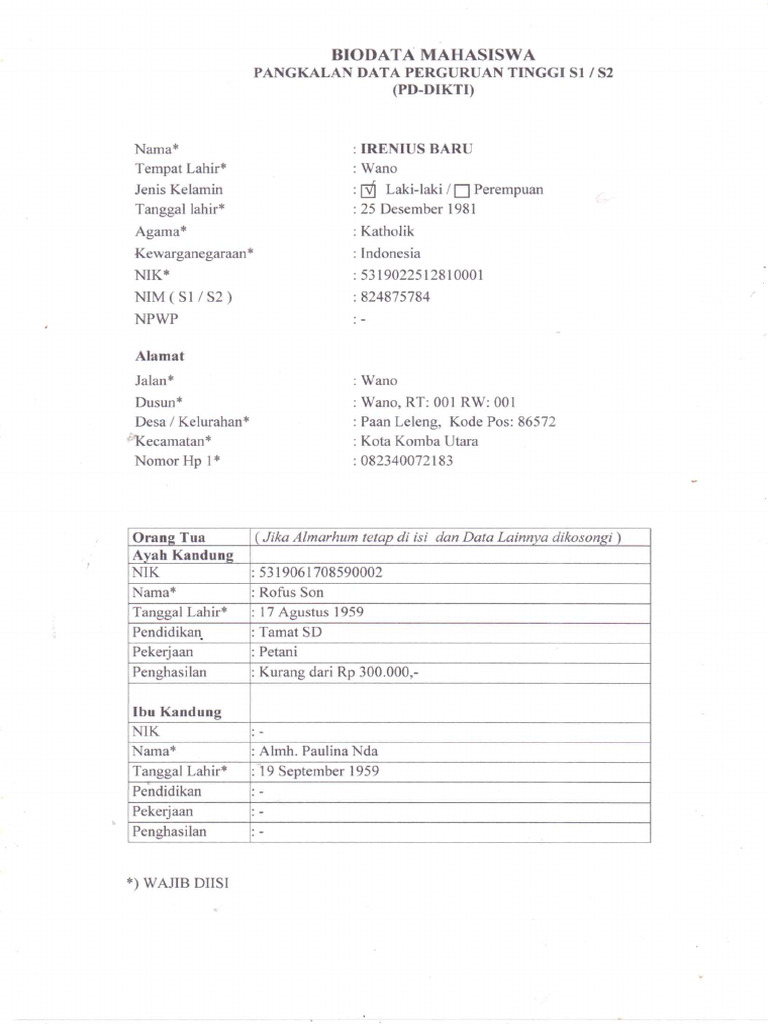 Irenius Baru - Biodata | PDF