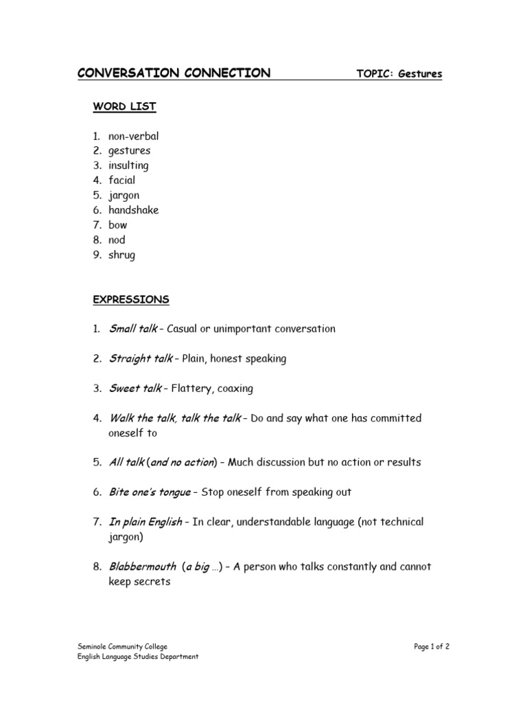Handout-Gestures Conversation Activities | PDF