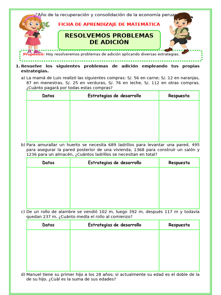 Problemas de adición para primaria | PDF