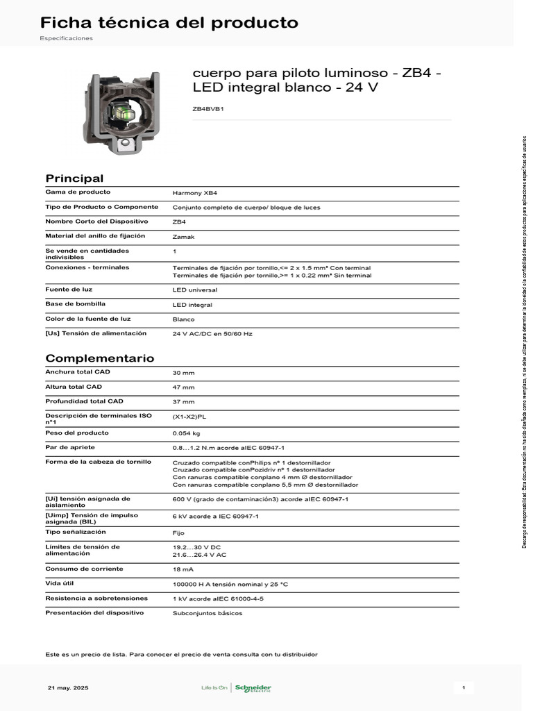 Schneider Electric Harmony-XB4 ZB4BVB1 | PDF | Diodo emisor de luz ...