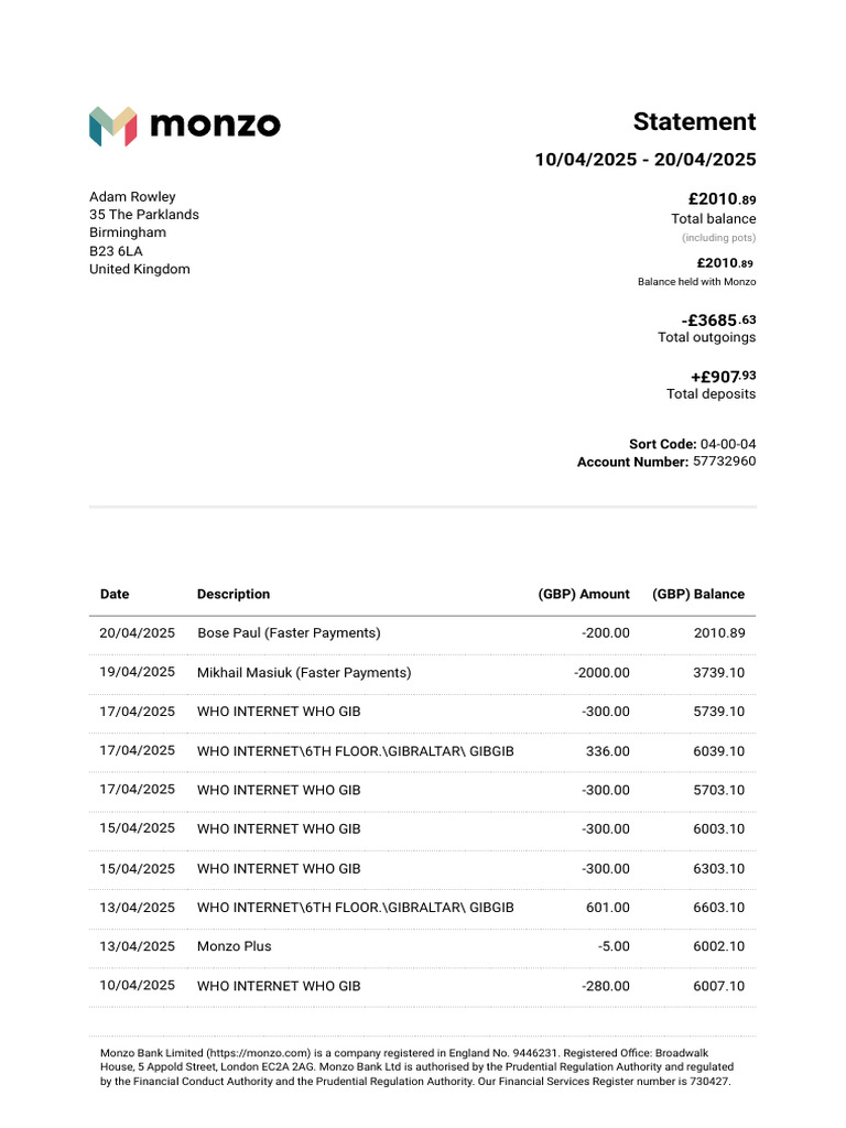 Monzo Bank Statement 2025 04 20 205737 | PDF | Personal Finance ...
