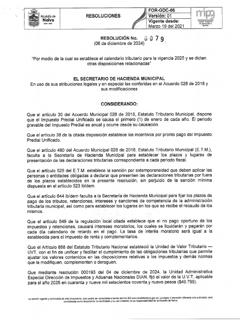 Resolución 0079 Calendario Tributario 2025 | PDF