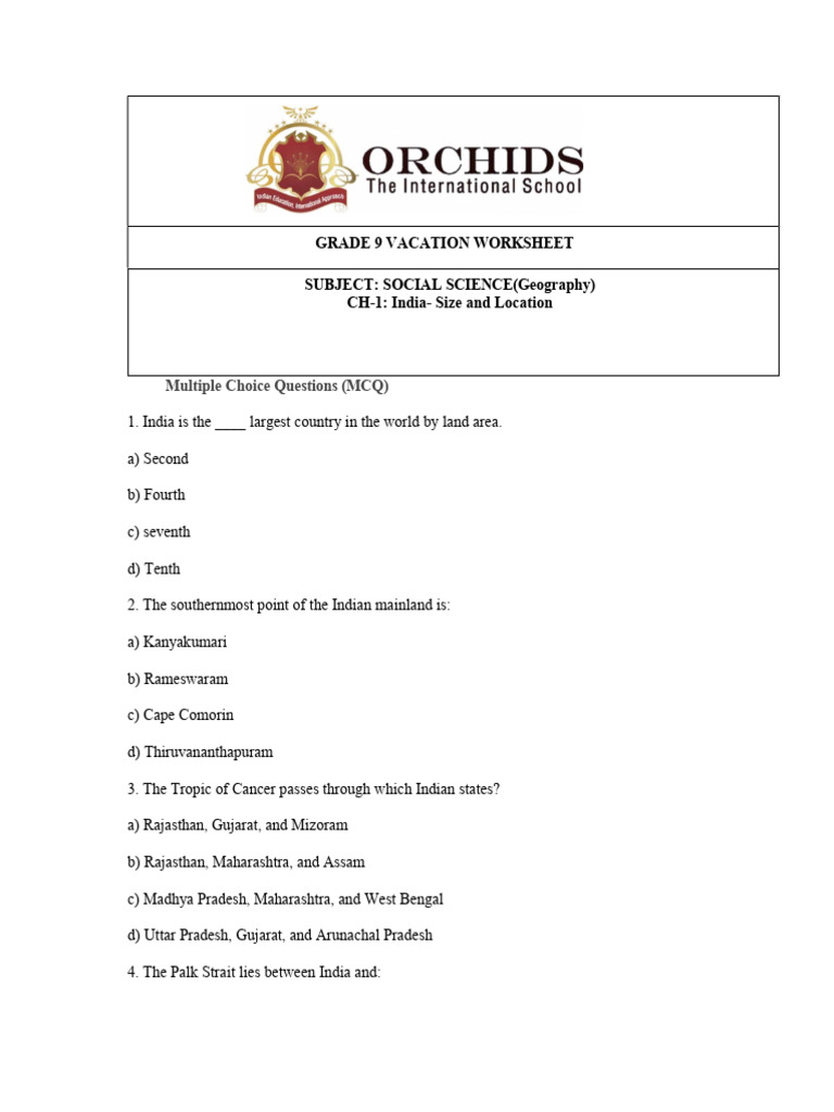 Grade 9 SST India - Size and Location Worksheet | PDF