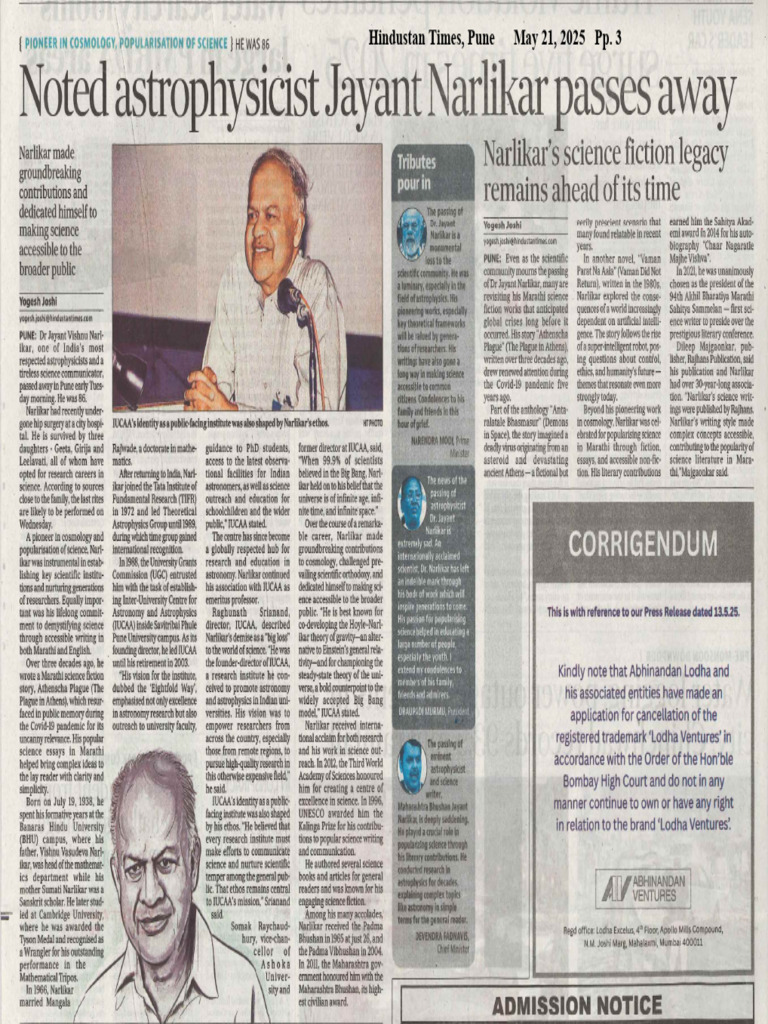 Noted Astrophysicist Jayant Narlikar Passes Away | PDF