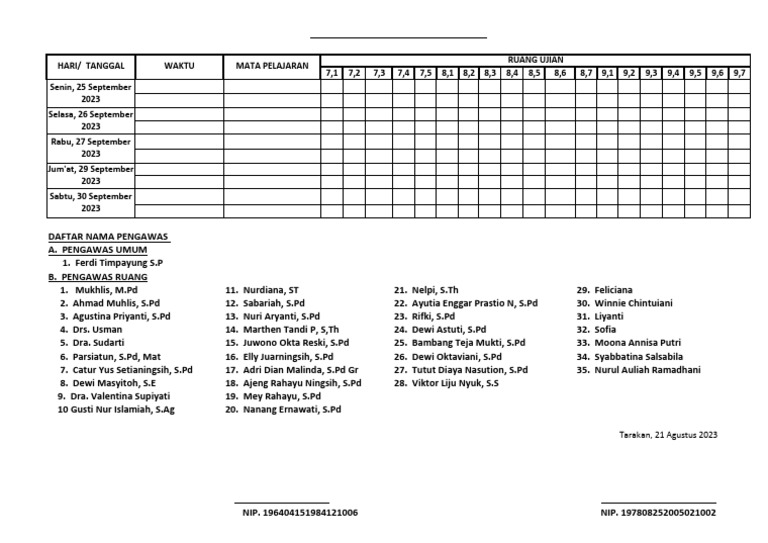 Jadwal Pengawas Pts Sem.ganjil Terbaru (3) | PDF
