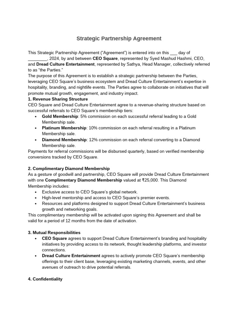 CEO Square Partnership Agreement - Dread Culture Entertaintment | PDF ...