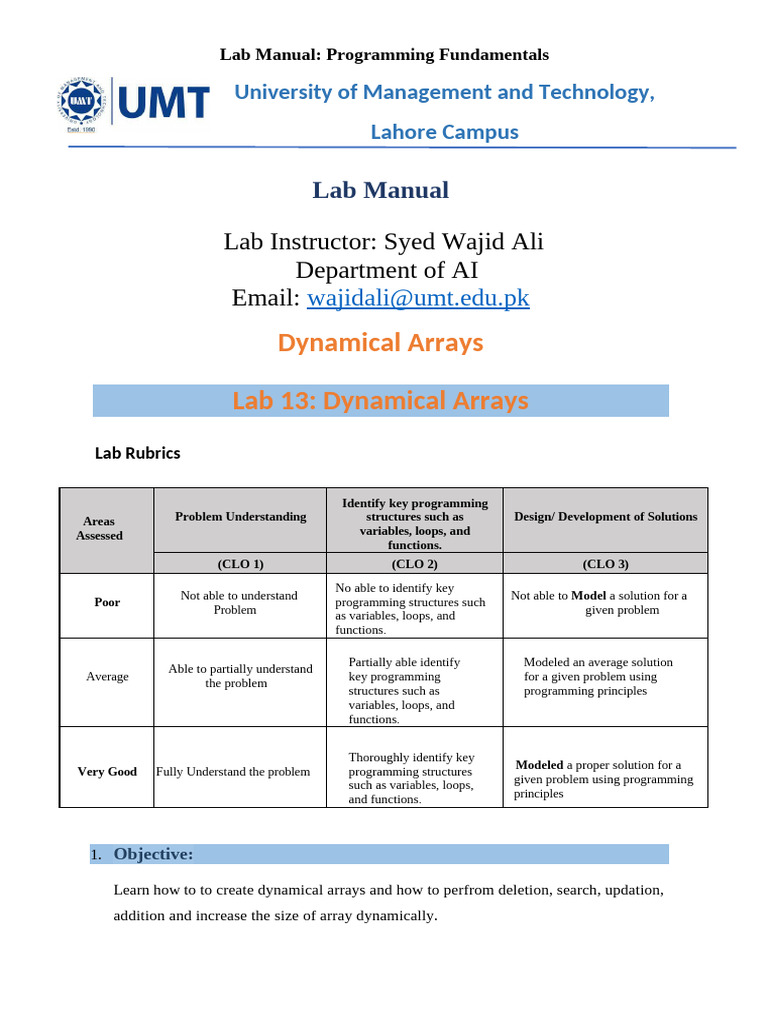 Lab Manual Arrays Revision Pdf Variable Computer Science Computer Programming