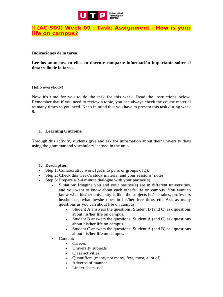 ? (AC-S09) Week 09 - Task Assignment - How Is Your Life On Campus (INGLES 3) | PDF | Refresco ...
