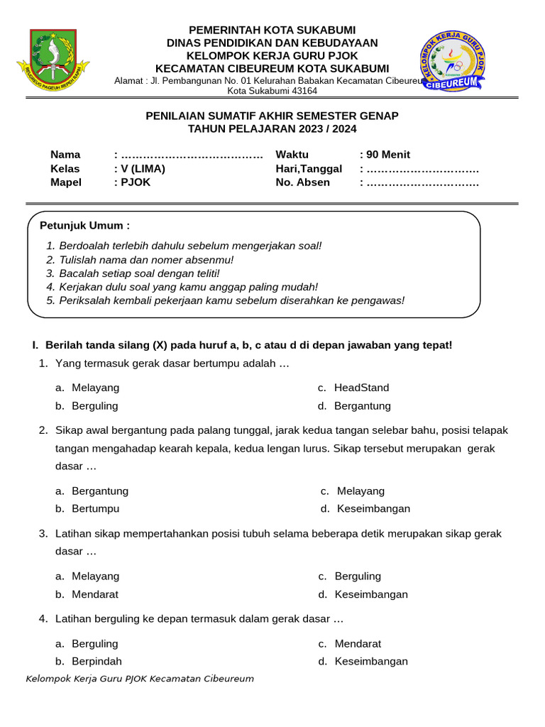 Naskah Soal Sumatif Akhir Semester Genap PJOK - Kelas V - K13 (AutoRecovered) | PDF