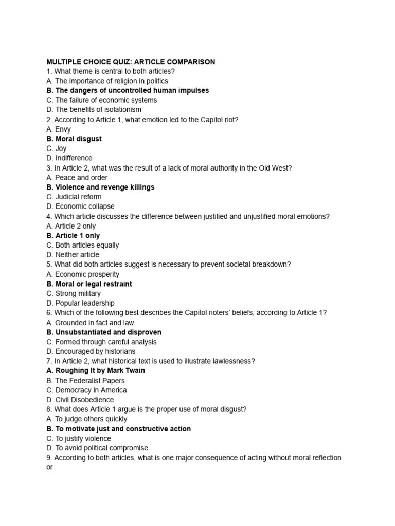 Article Comparison Quiz on Moral Themes | PDF | Emotions | Violence