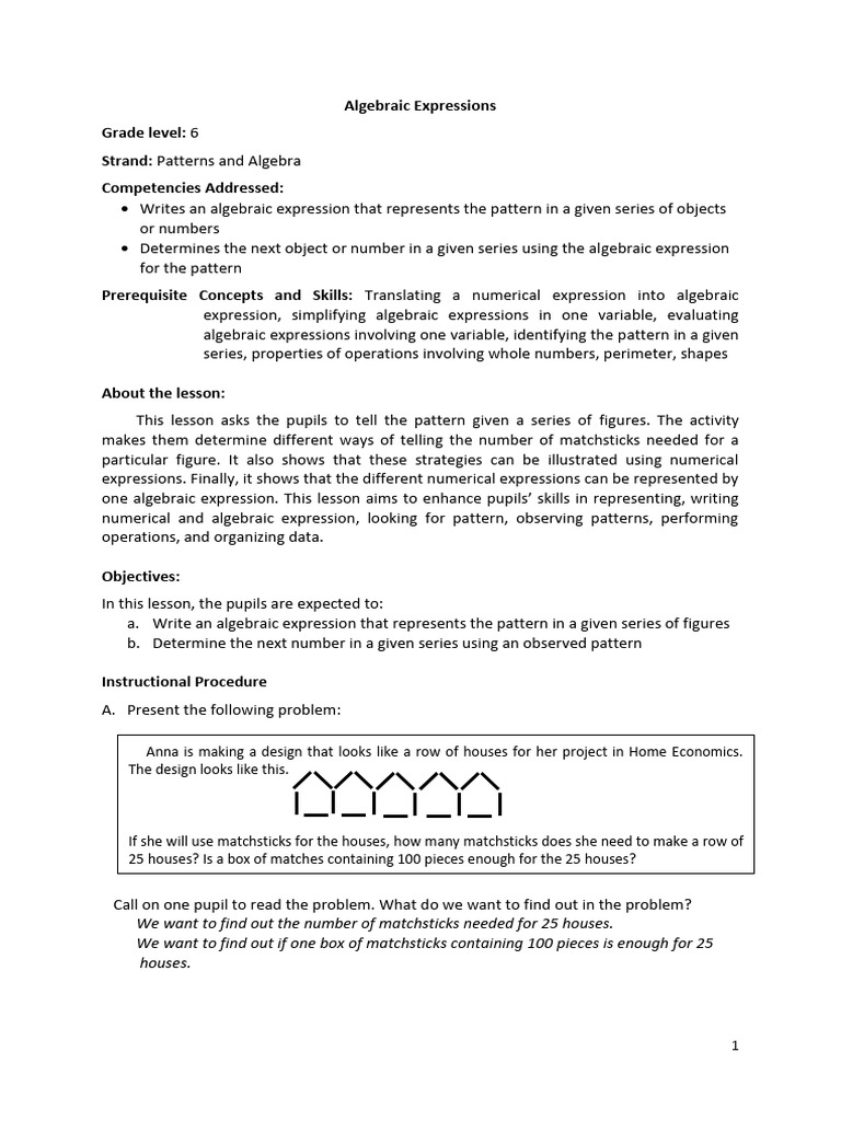 1 Lesson Plan - Algebraic Expressions | PDF | Numbers | Mathematics