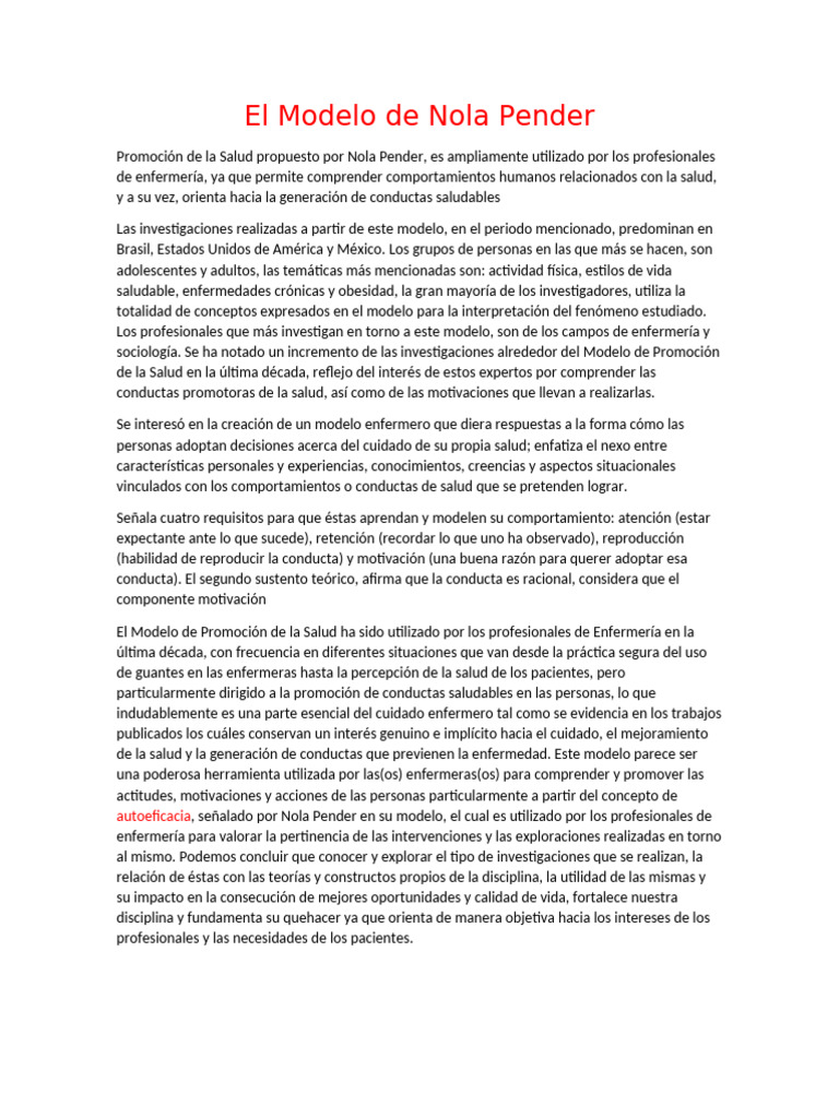 El Modelo de Nola Pender | PDF | Comportamiento | Enfermería