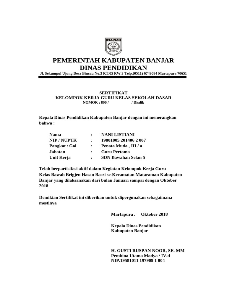 Sertifikat KKG Kelas 1 | PDF