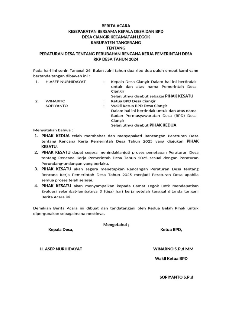 Berita Acara Kesepakatan Kepala Desa Dan BPD | PDF