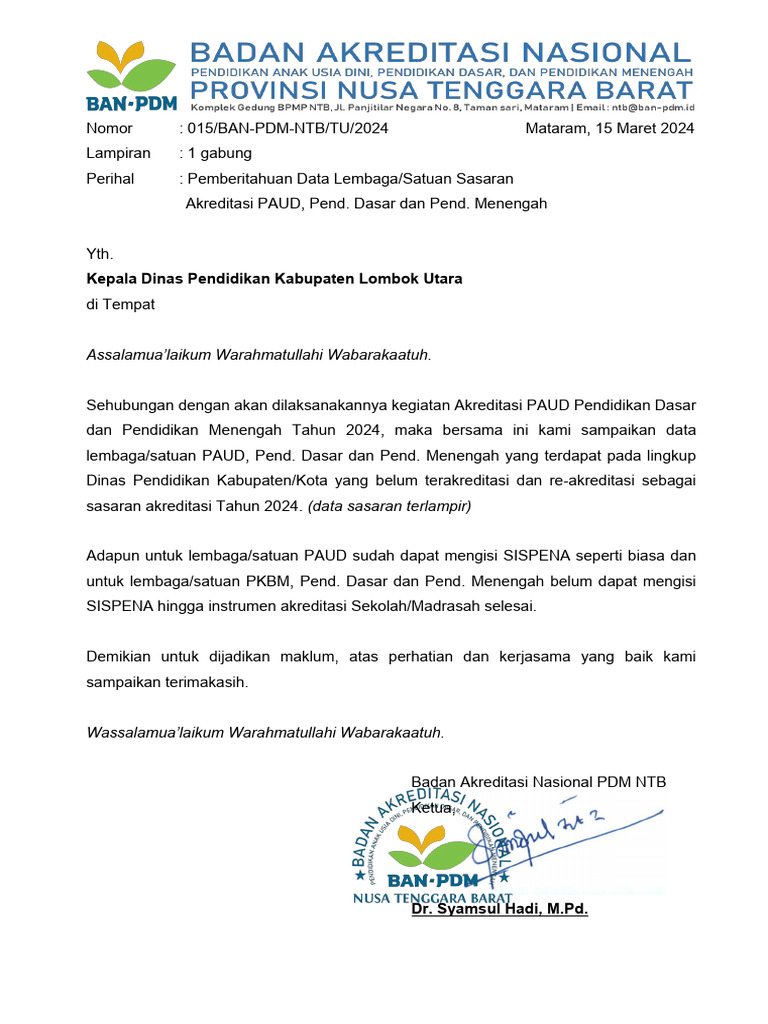 015 Pemberitahuan Sasaran Akreditasi Tahun 2024. KLU | PDF