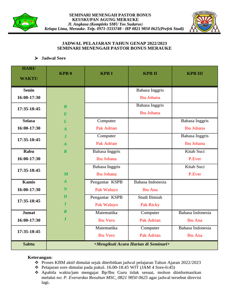 Jadwal Pelajaran SMPB 2022/2023 | PDF