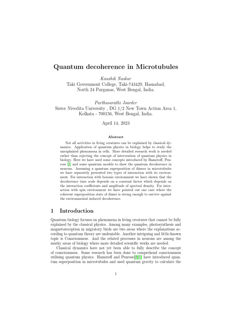 Quantum Decoherence in Microtubules - Naskar 4-4-23 | PDF | Microtubule | Applied And ...