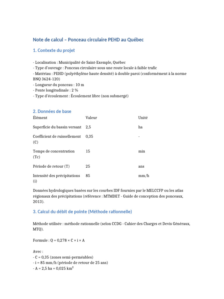 Dimensionnement Ponceau PEHD Québec | PDF | Débit (hydrologie) | Pont