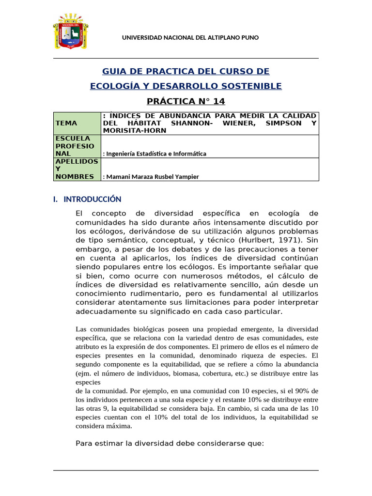 PRÁCTICA 14 INDICES DE ABUNDANCIA-Nuevo | PDF | Especies | Biodiversidad
