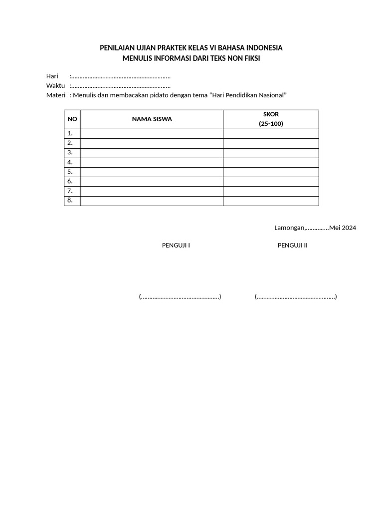 Penilaian Ujian Praktek Kelas Vi Bahasa Indonesia 22222 | PDF