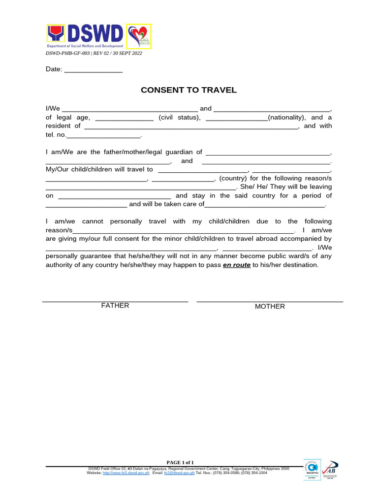 DSWD Consent to Travel for Minors | PDF