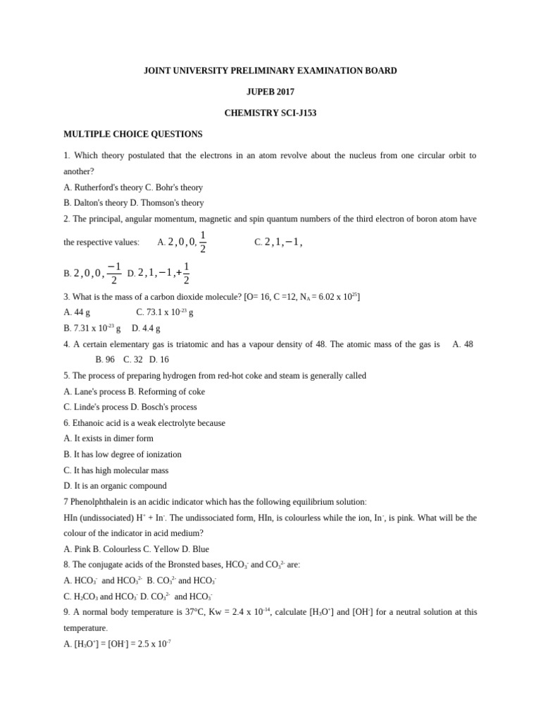 JUPEB 2017 Chemistry Past Questions | PDF | Gases | Chemical Bond