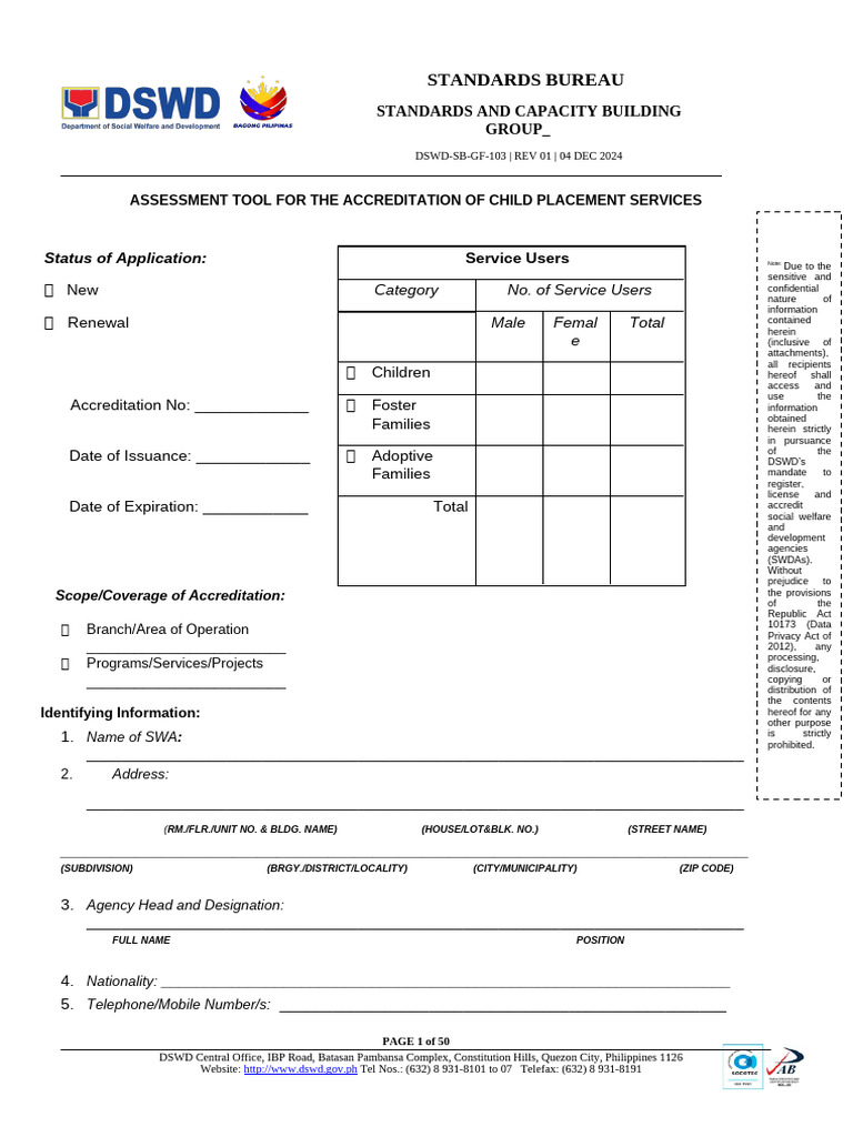DSWD SB GF 103 - REV 01 Assessment Tool For The Accreditation of Child ...