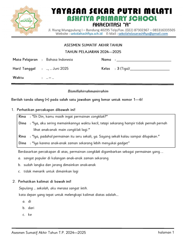 Soal Asat Bahasa Indonesia Kelas 3 T.P. 2024-2025 | PDF
