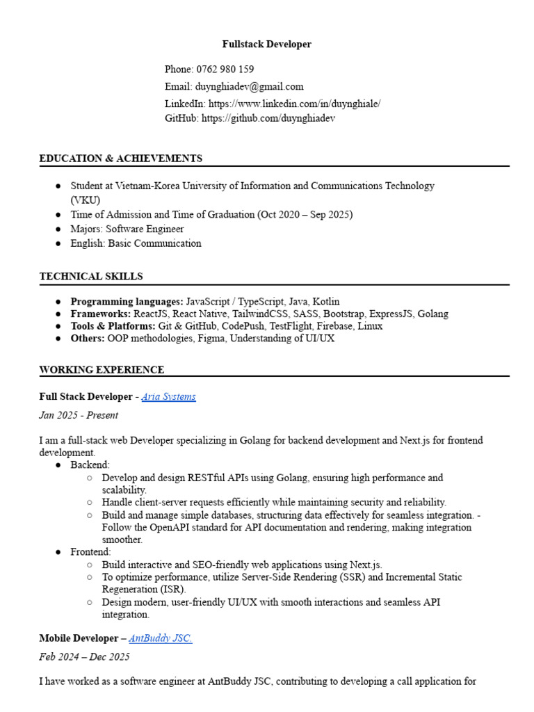 LeNguyenDuyNghia - Fullstack Developer | PDF | Mobile App | Model–View–Controller