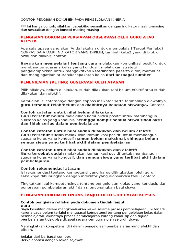 Contoh Isian Semua Dukumen Dan Penilaian Pengelolaan Kinerja | PDF
