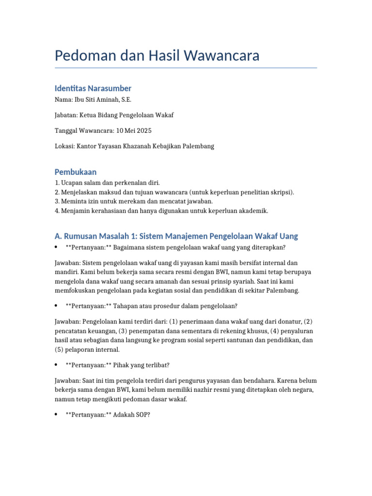 Pedoman Dan Hasil Wawancara Wakaf | PDF