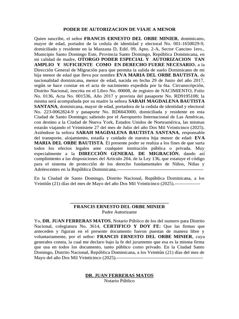 Poder de Autorizacion de Viaje A Menor (Francis Ernesto Del Orbe Minier ...