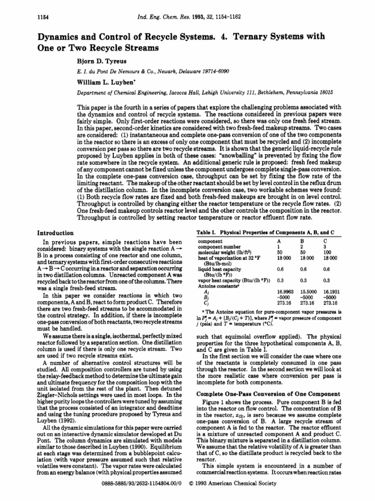 Dynamics and Control of Recycle Systems. Ternary Systems With One or Two Recycle Streams | PDF ...