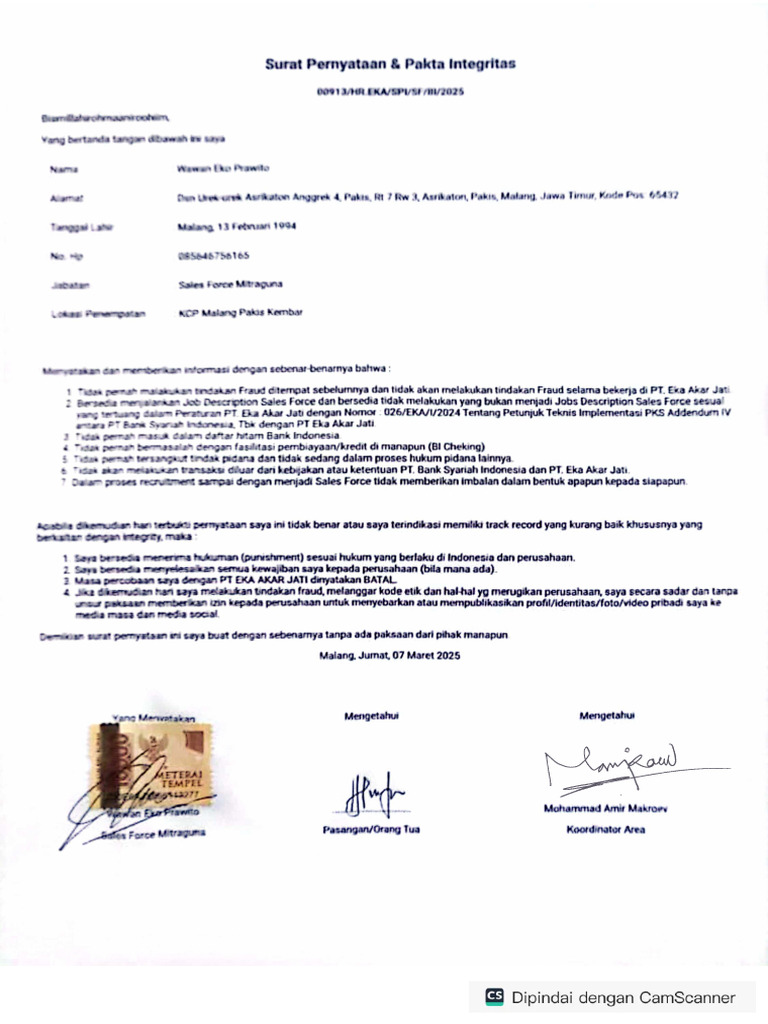 Pakta Integritas Wawan | PDF