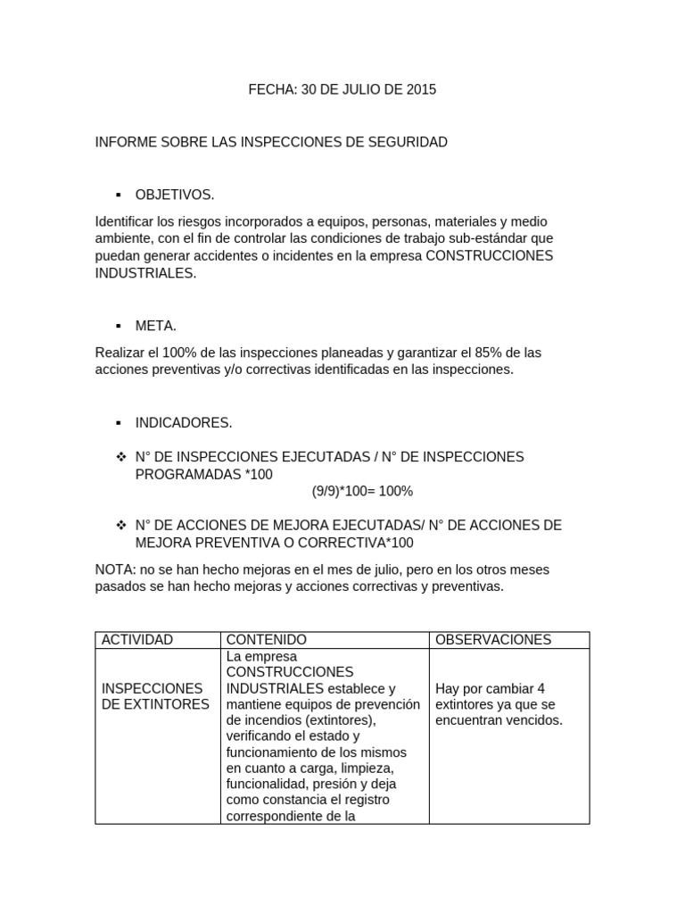 Informe Sobre Las Inspecciones de Seguridad | PDF | Higiene