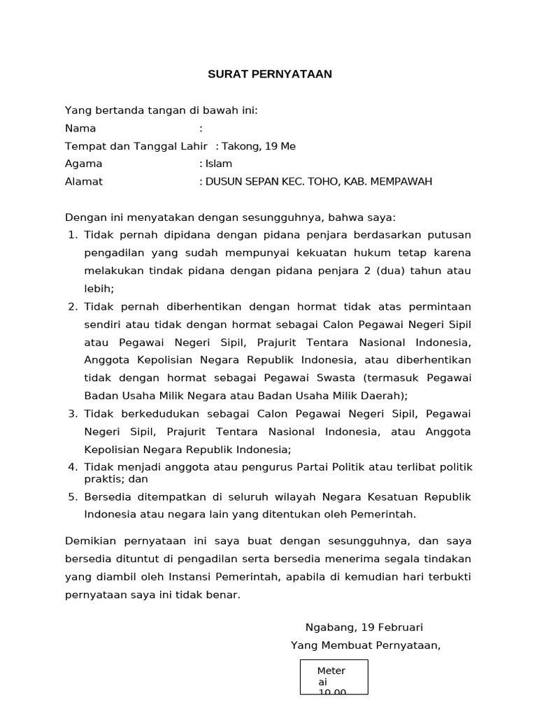 Lampiran III Format Surat Pernyataan 5 Poin CPNS | PDF