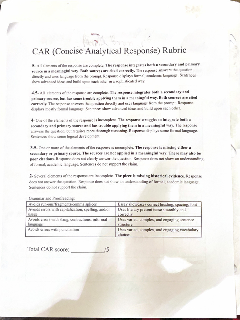 CAR (Concise Analytical Response) Rubric | PDF