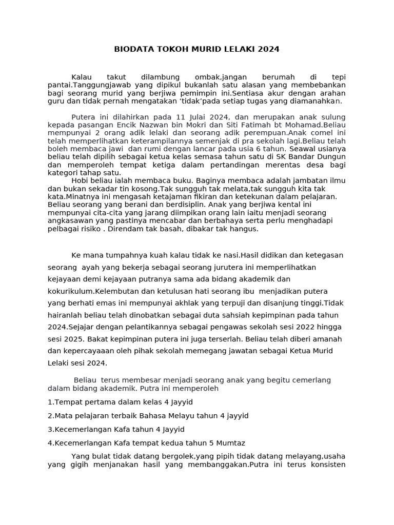 Biodata Tokoh Murid Lelaki 2024 | PDF