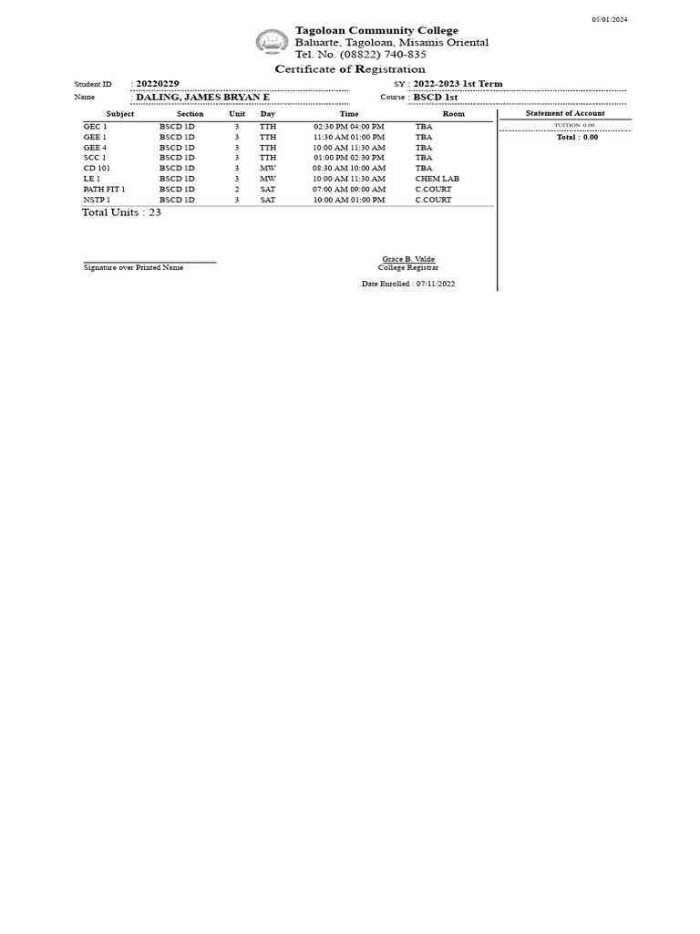 Ertificate F Egistration: Baluarte, Tagoloan, Misamis Oriental Tel. No ...